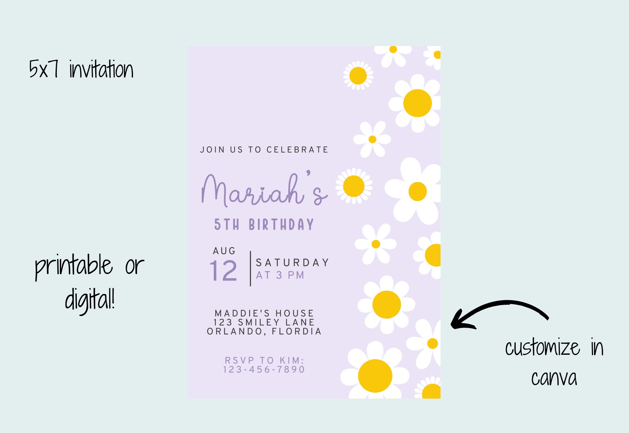 Girl's Birthday Invitation, Daisy Birthday Invite, Lavender, Purple ...