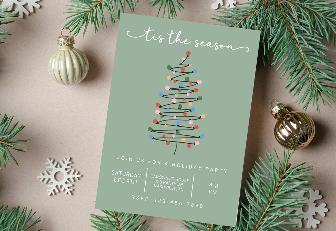 Minimalist Holiday Party Invitation, Green Christmas Invite, Holiday ...
