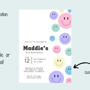 Pastel Smiley Face Birthday Invitation Template, Girl's Rainbow Emoji ...