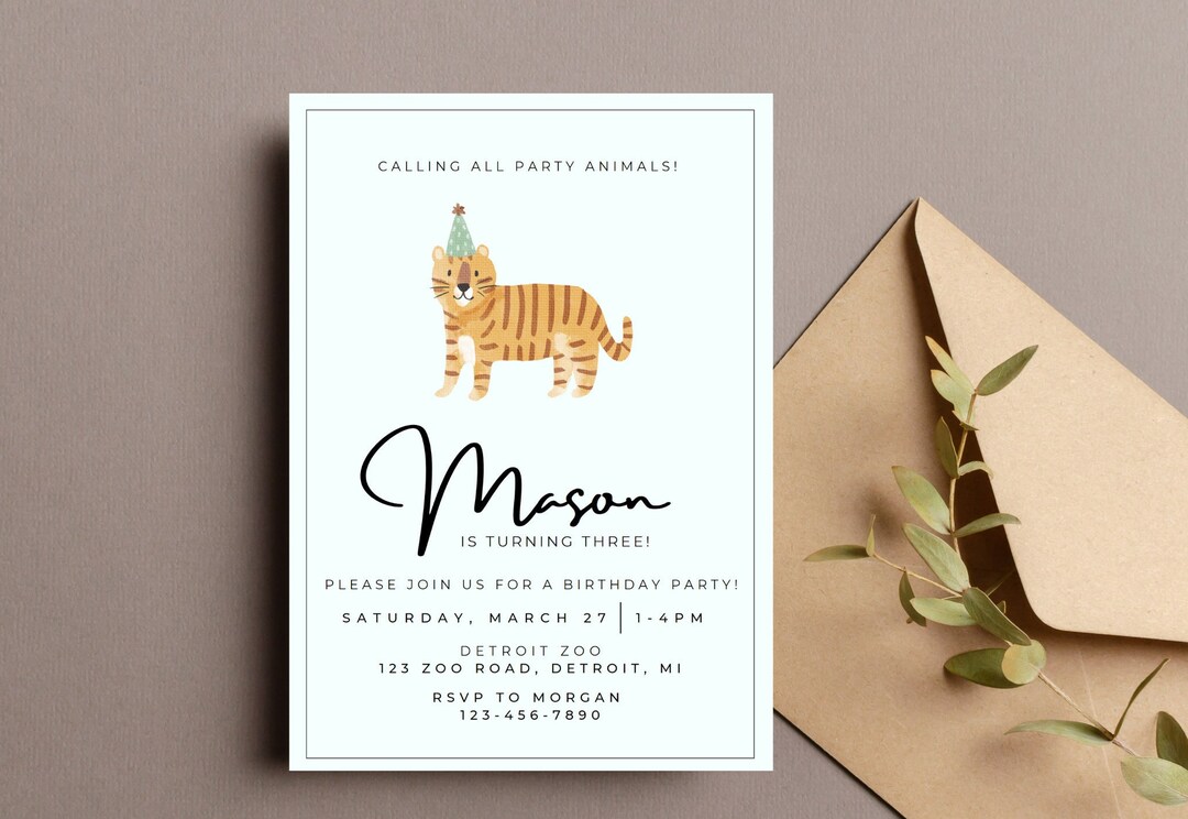 Editable Any Age Party Animals Zoo Birthday Invitation Template, Tiger ...
