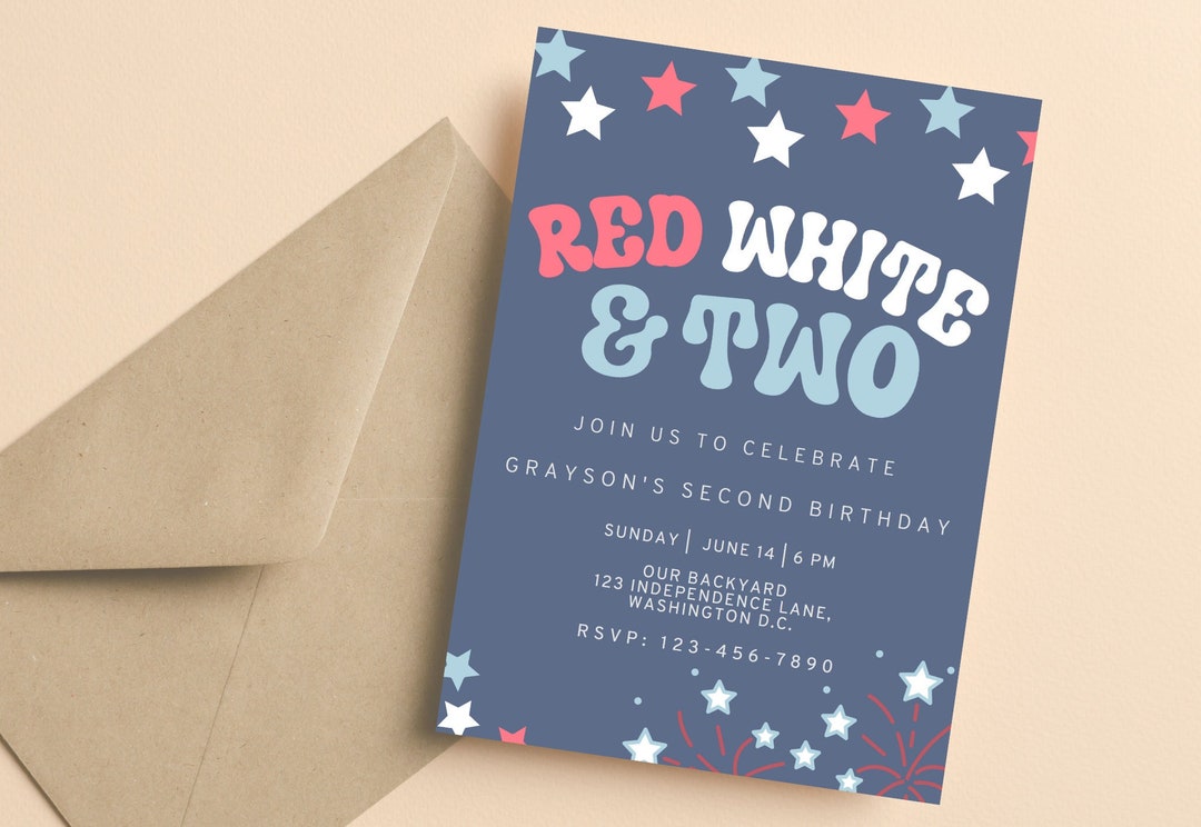 Red, White, and Two Birthday Invitation Template, Independence Day ...