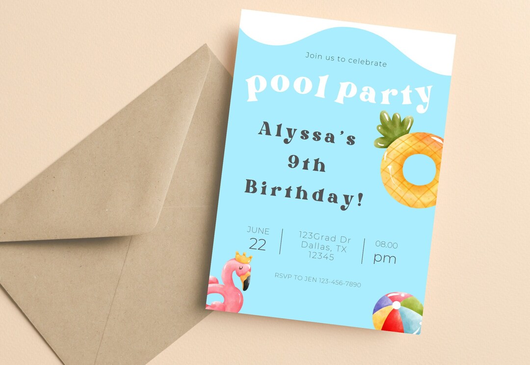 Birthday Pool Party Invitation, Printable Summer Birthday Invite ...