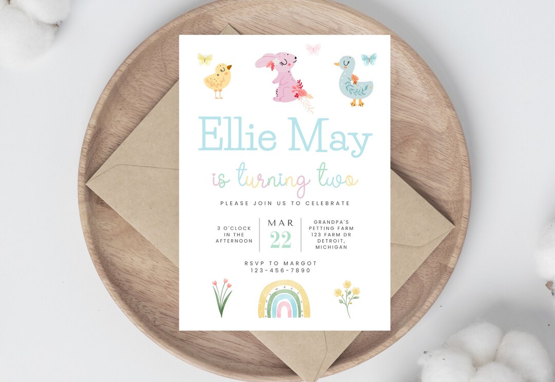 Editable Spring Birthday Invitation Girl's Farm Animal Party Bunny ...