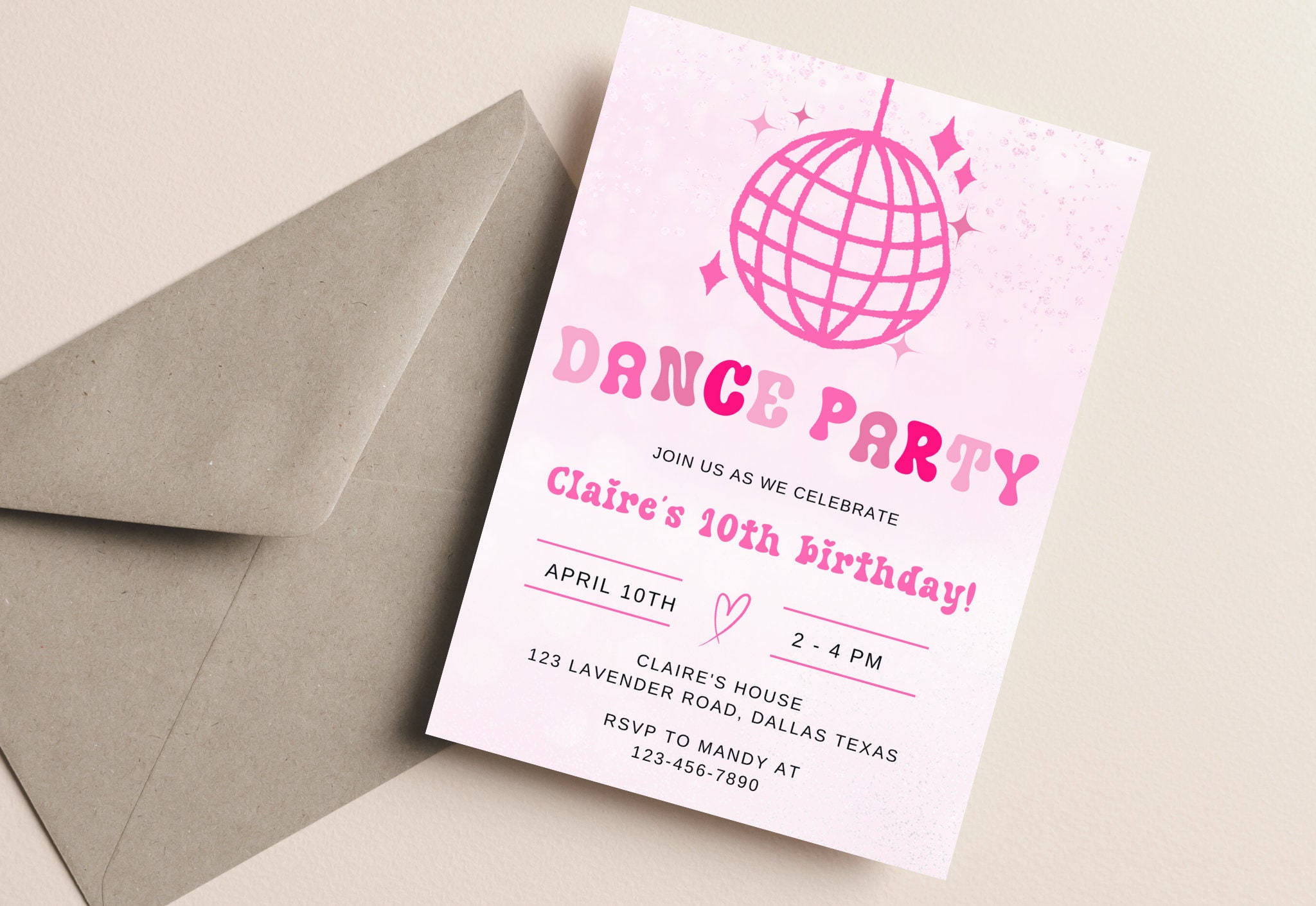 Girl's Pink Dance Party Invitation, Disco Ball, Glitter, Instant ...