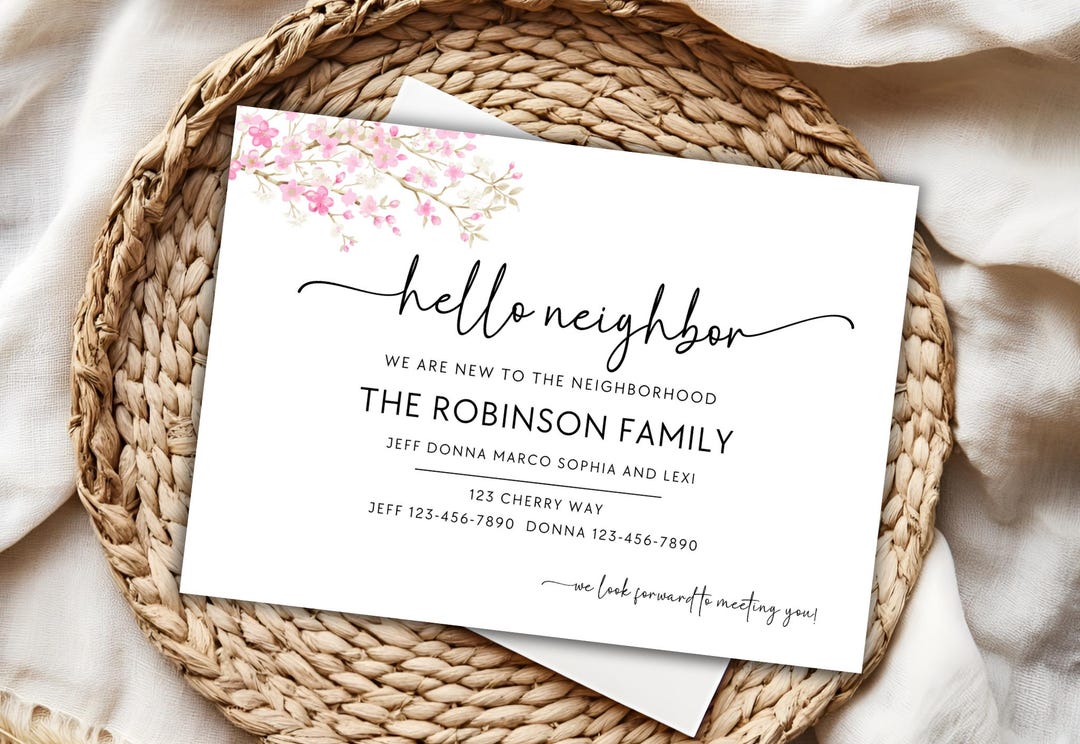 Printable Hello Neighbor Introduction Card, Cherry Blossom New Neighbor ...