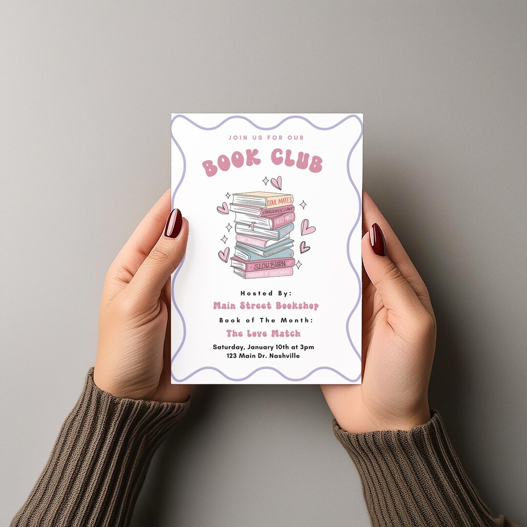 Book Club Invitation, Editable Book Group, Cute, Pink Book Club Invite ...