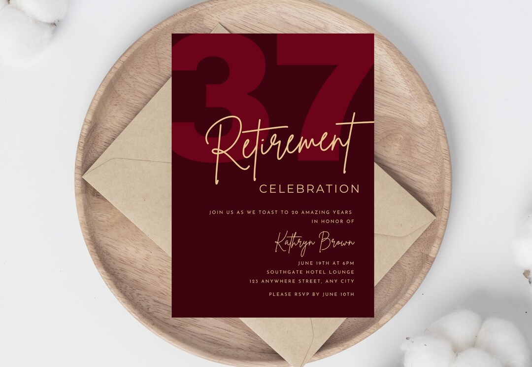 Editable Retirement Invitation, Burgundy and Gold Retirement Party ...
