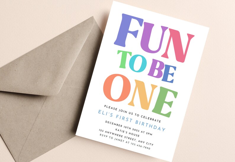 Fun to Be One First Birthday Invitation, 1st Birthday Party, Rainbow ...