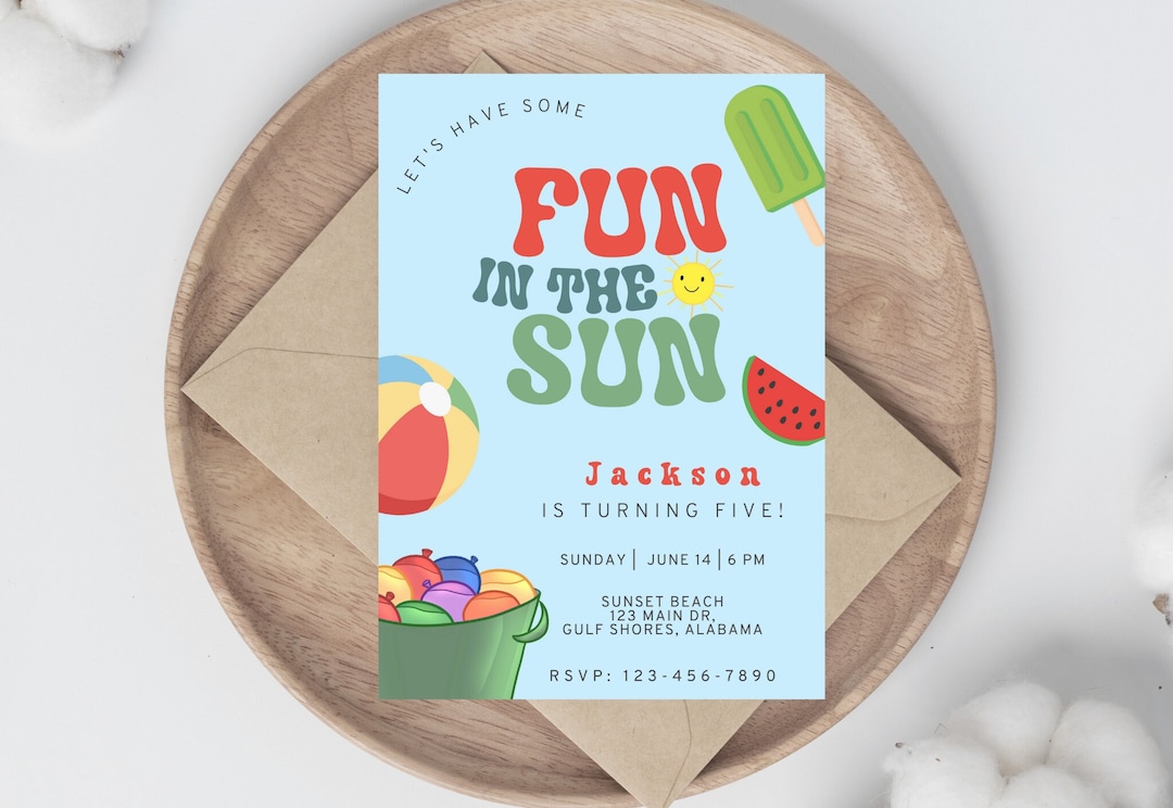Kid's Fun in the Sun Birthday Invitation, Summer Party, Water Balloons ...