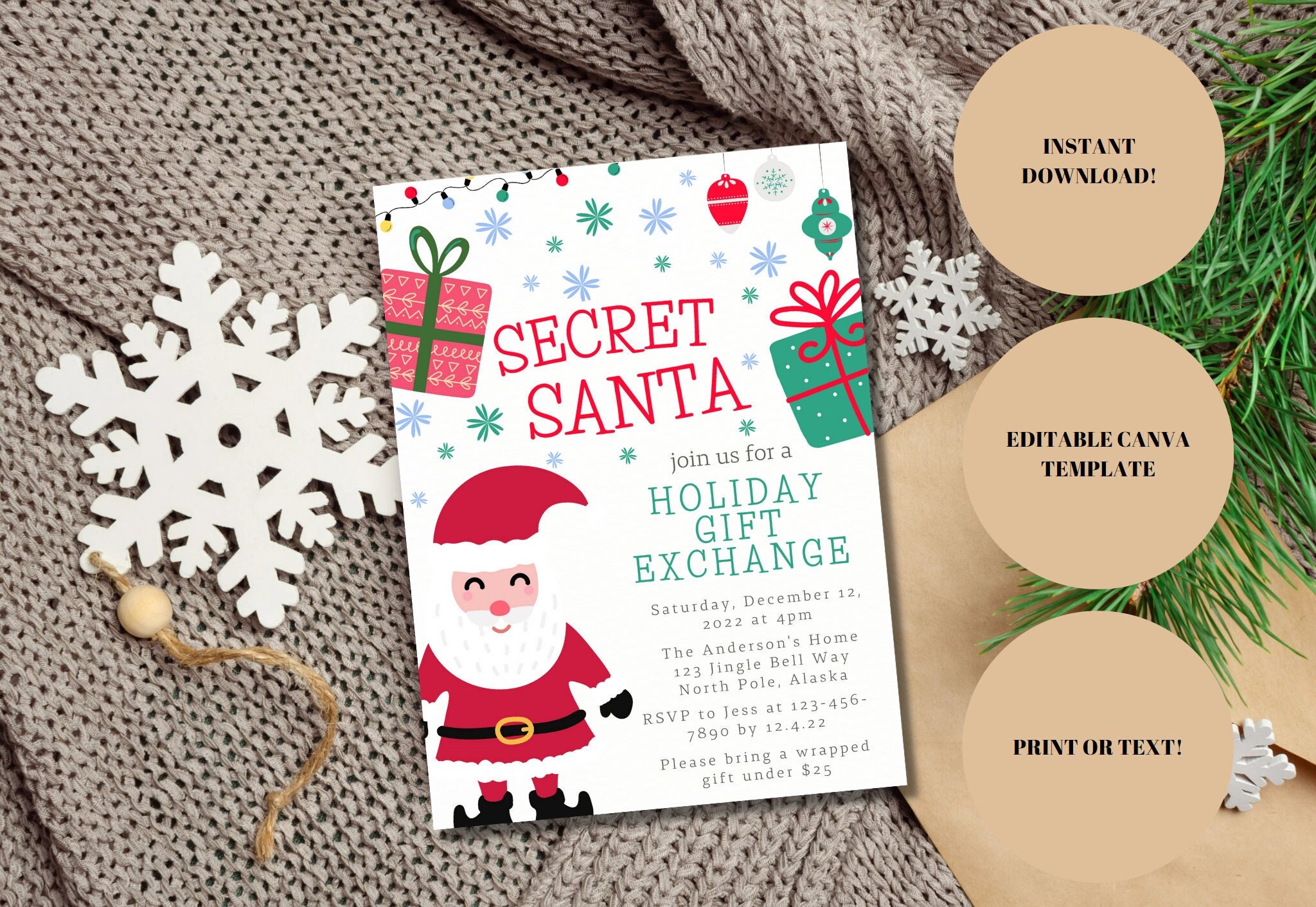 Secret Santa Gift Exchange Invitation Template, Christmas Party Family ...