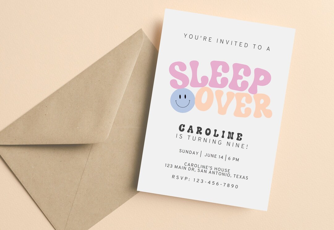 Girl's Sleep Over Birthday Party Template, Preppy Smiley Face Invite ...