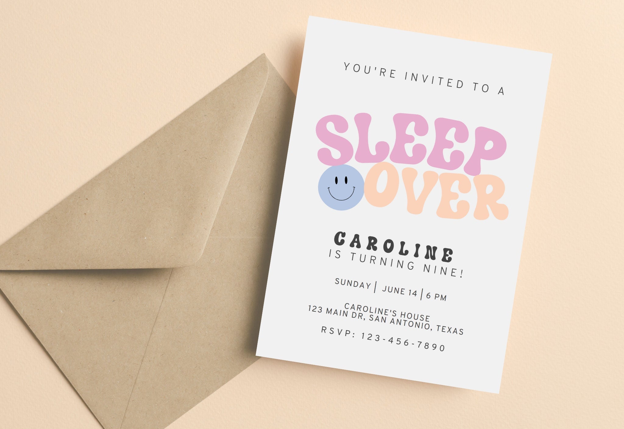 Girl's Sleep Over Birthday Party Template Preppy Smiley - Etsy