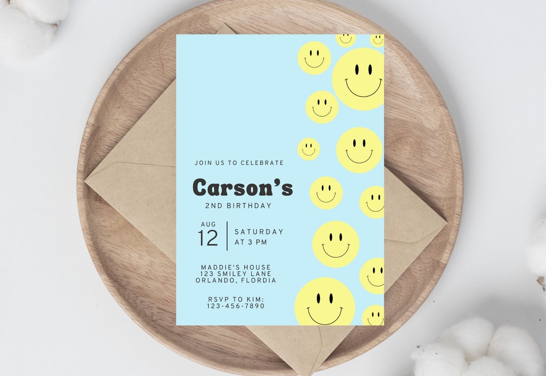 Blue and Yellow Smiley Face Invitation, Kid's Birthday Invite, Instant ...