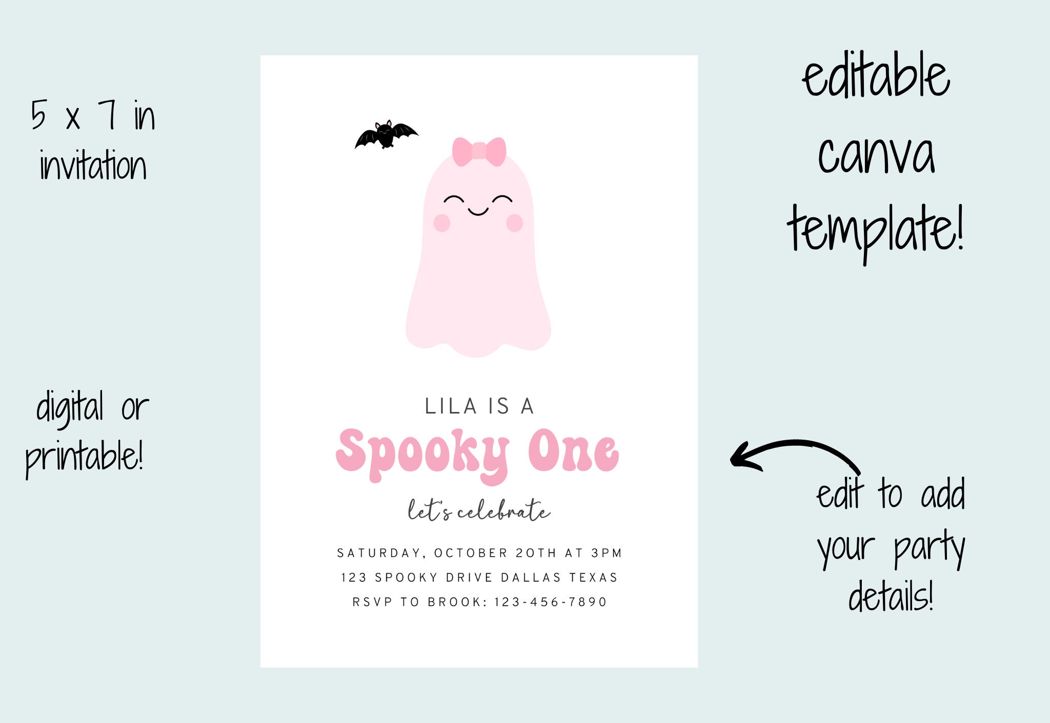 Editable Girl's Halloween First Birthday Invitation, Pastel Ghost ...