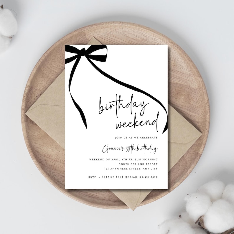 Minimalist Birthday Weekend Invitation, Black Bow, Women's Invite ...