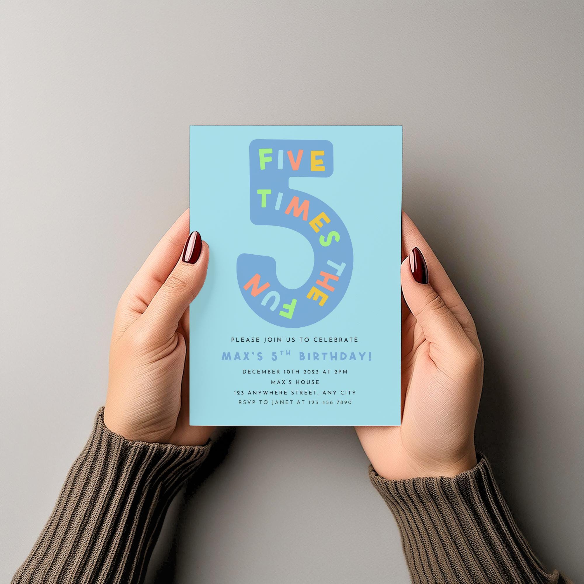 Five Times the Fun Birthday Party Invitation, Blue, Boy's 5th Birthday ...