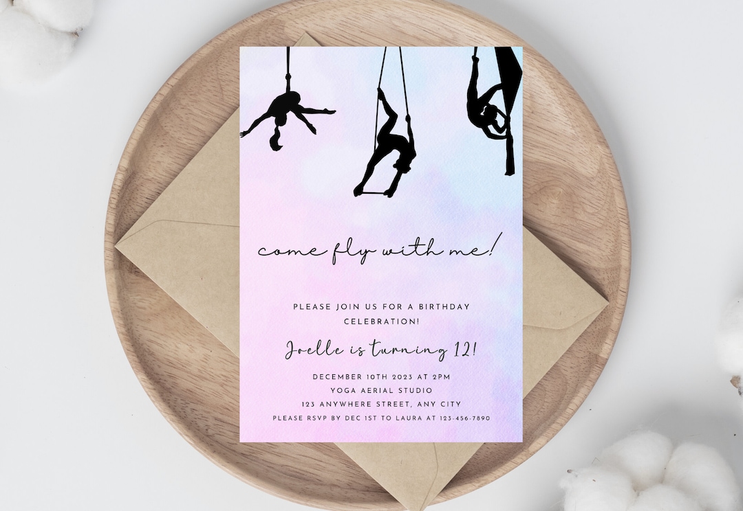 Girl's Aerial Silks Birthday Party Invitation, Aerial Gymnastics, Yoga ...