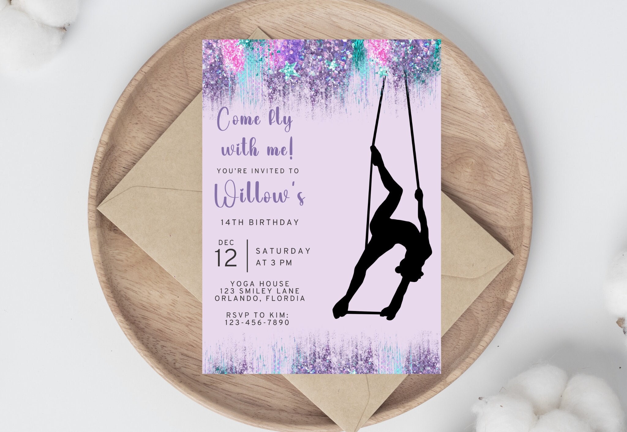 Girs Aerial Silks Birthday Party Invitation Girls Yoga Acrobatics