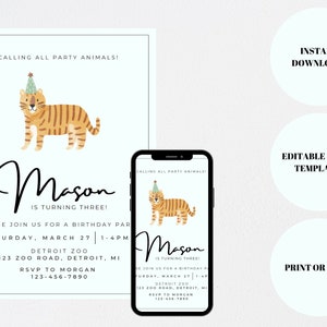 Editable Any Age Party Animals Zoo Birthday Invitation Template, Tiger ...