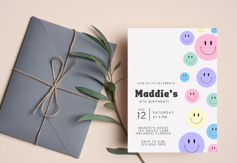 Pastel Smiley Face Birthday Invitation Template Girl's - Etsy