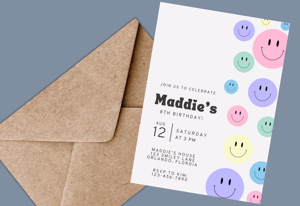 Pastel Smiley Face Birthday Invitation Template Girl's - Etsy