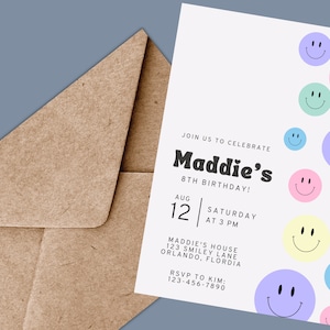 Pastel Smiley Face Birthday Invitation Template Girl's - Etsy