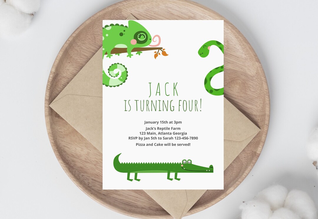 Reptile Birthday Party Invitation, Crocodile, Lizard, Snake, Minimalist ...