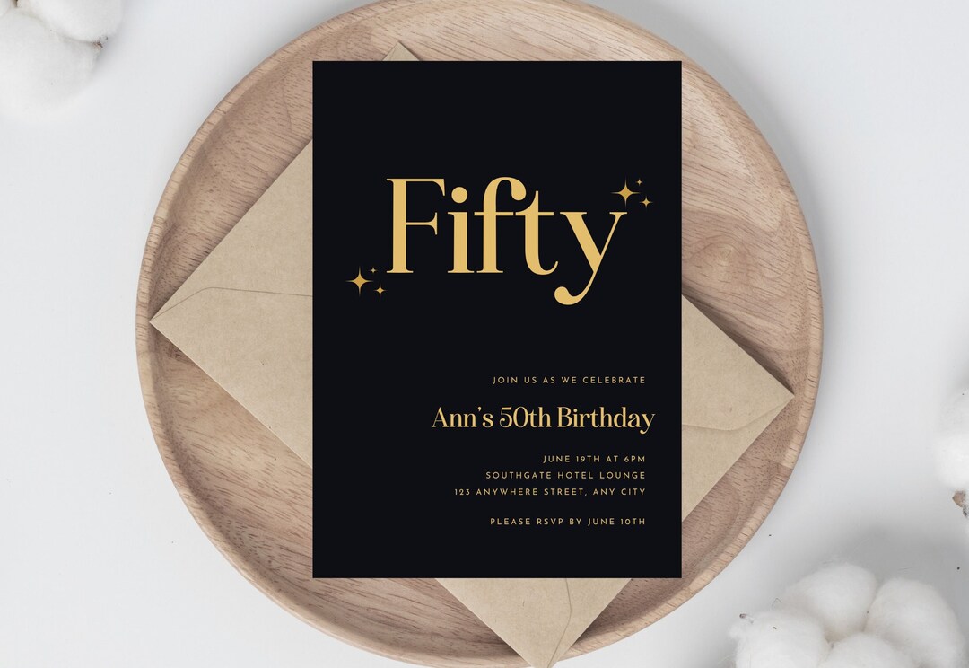 Black and Gold Fiftieth Birthday Invitation, 50th, Modern, Minimalist ...