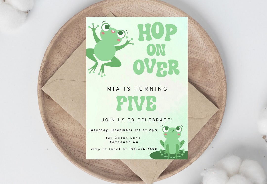 Frog Birthday Party Invitation, Hop on Over, Cute Frog, Green, Instant ...