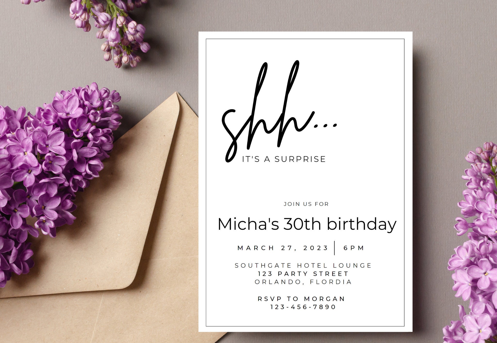 Surprise Party Invitation Template, Shh It's a Surprise, Modern ...