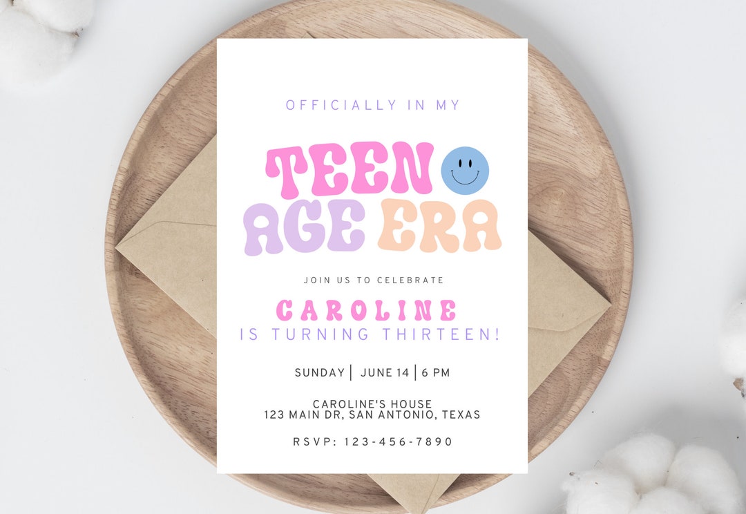 Girl's 13th Birthday Invitation Template, Retro Teenage Era, Pink ...