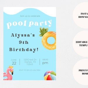 Birthday Pool Party Invitation, Printable Summer Birthday Invite ...