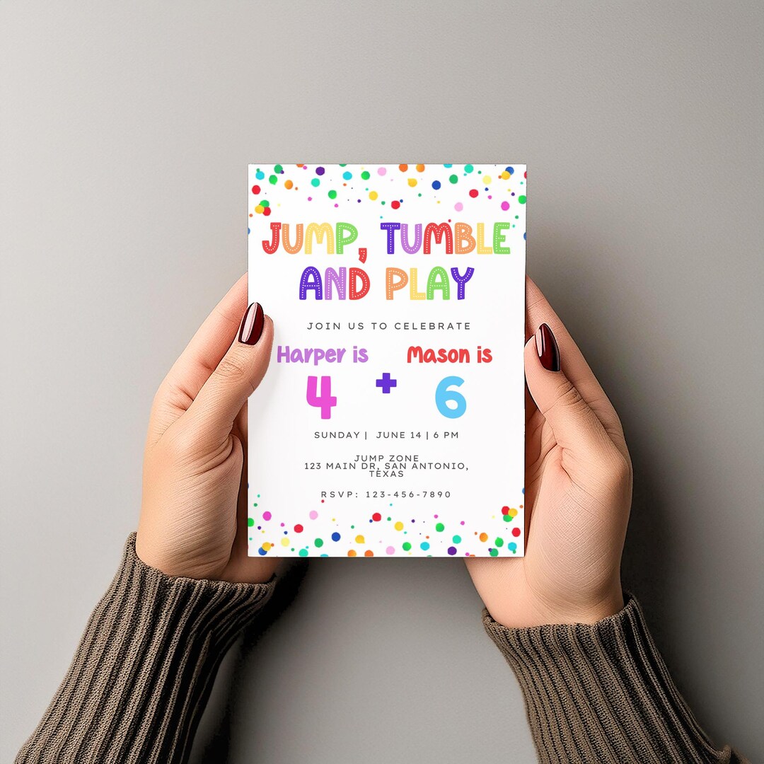 Rainbow Joint Birthday Party Invite, Gymnastics Party, Jump, Tumble ...