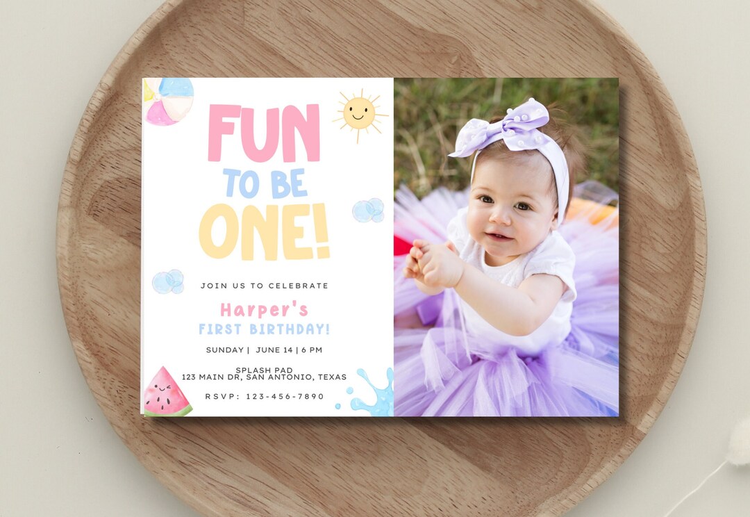Girl's Fun to Be One 1st Birthday Invitation Template, Fun in the Sun ...