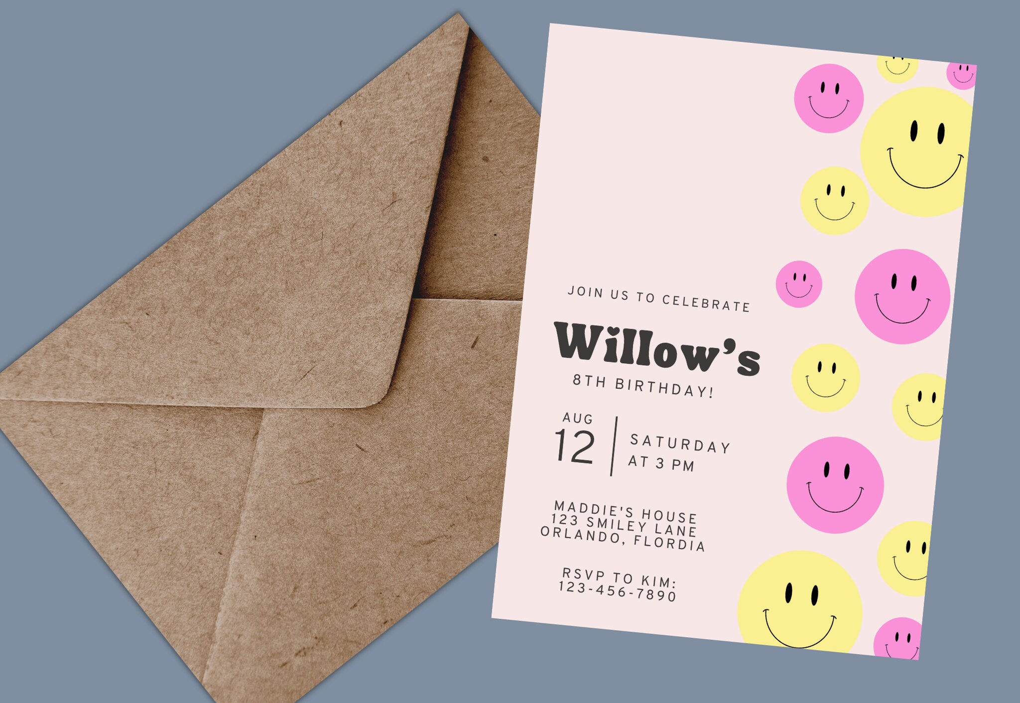 Girl's Preppy Smiley Face Birthday Invitation, Pink and Yellow, Party ...