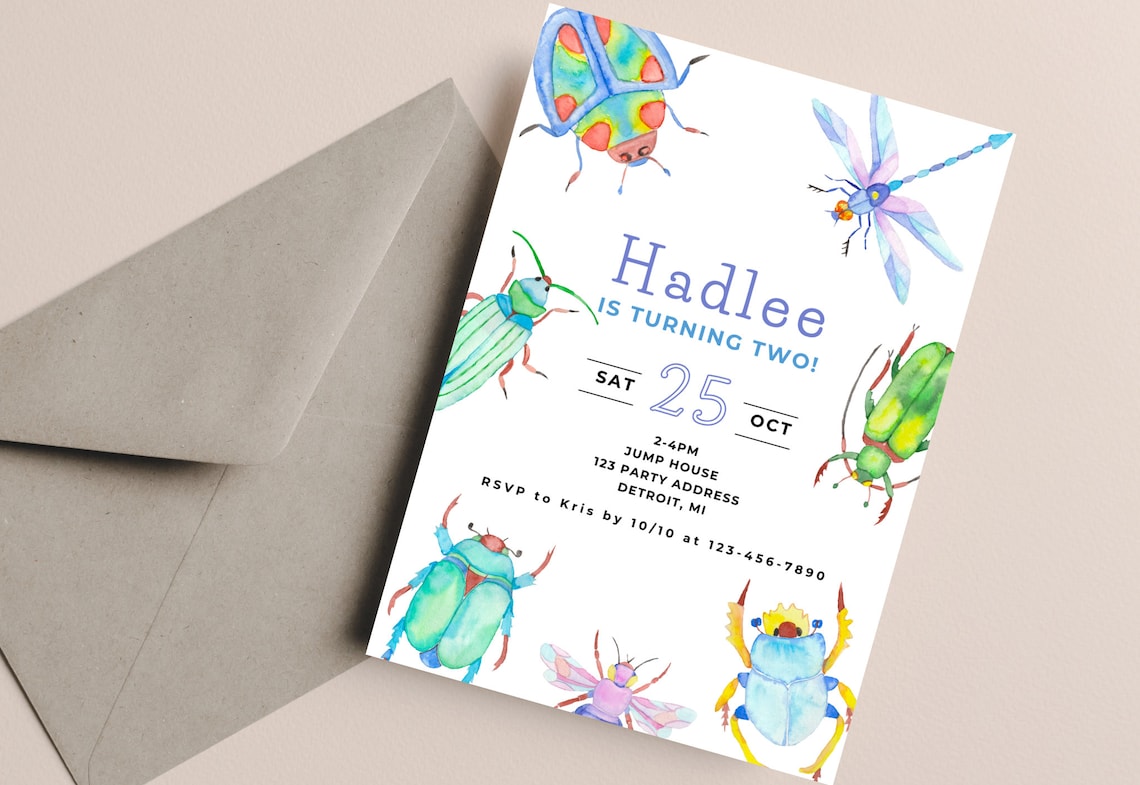 Kid's Bug Birthday Party Invitation, Insect Invite, Love Bug, Toddler ...