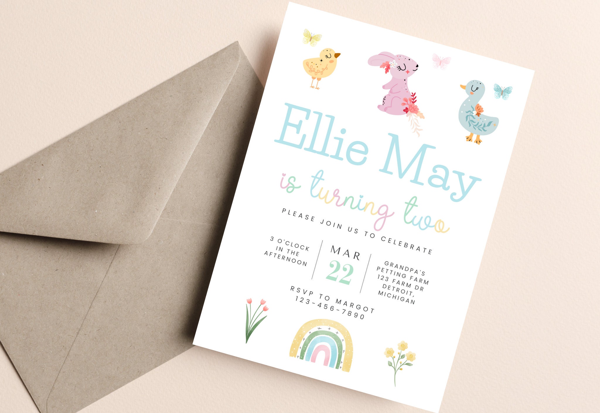 Editable Spring Birthday Invitation Girl's Farm Animal Party Bunny ...