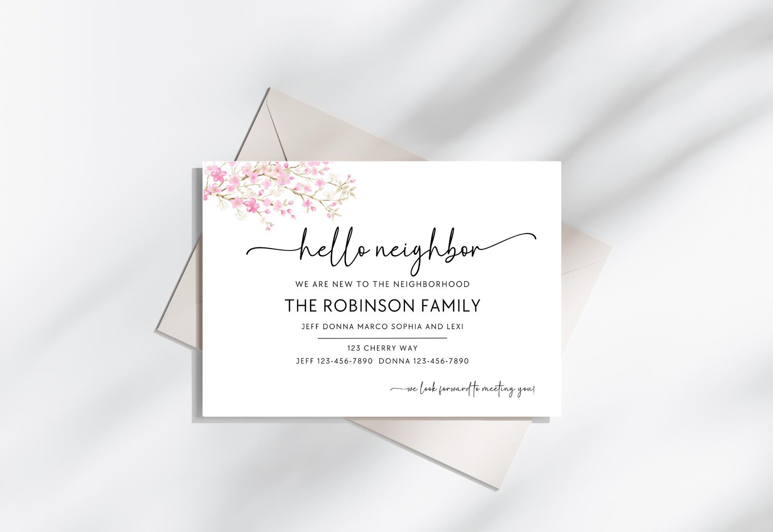 Printable Hello Neighbor Introduction Card, Cherry Blossom New Neighbor ...