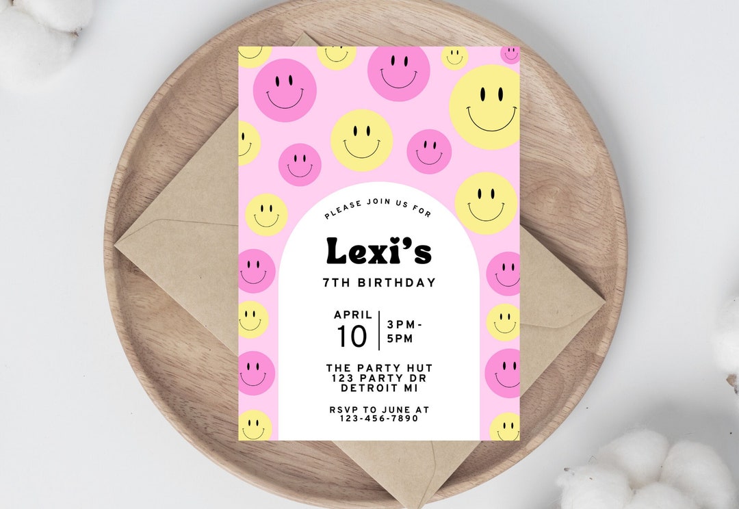 Kid's Preppy Smiley Face Birthday Invitation, Pink and Yellow, Girl's ...