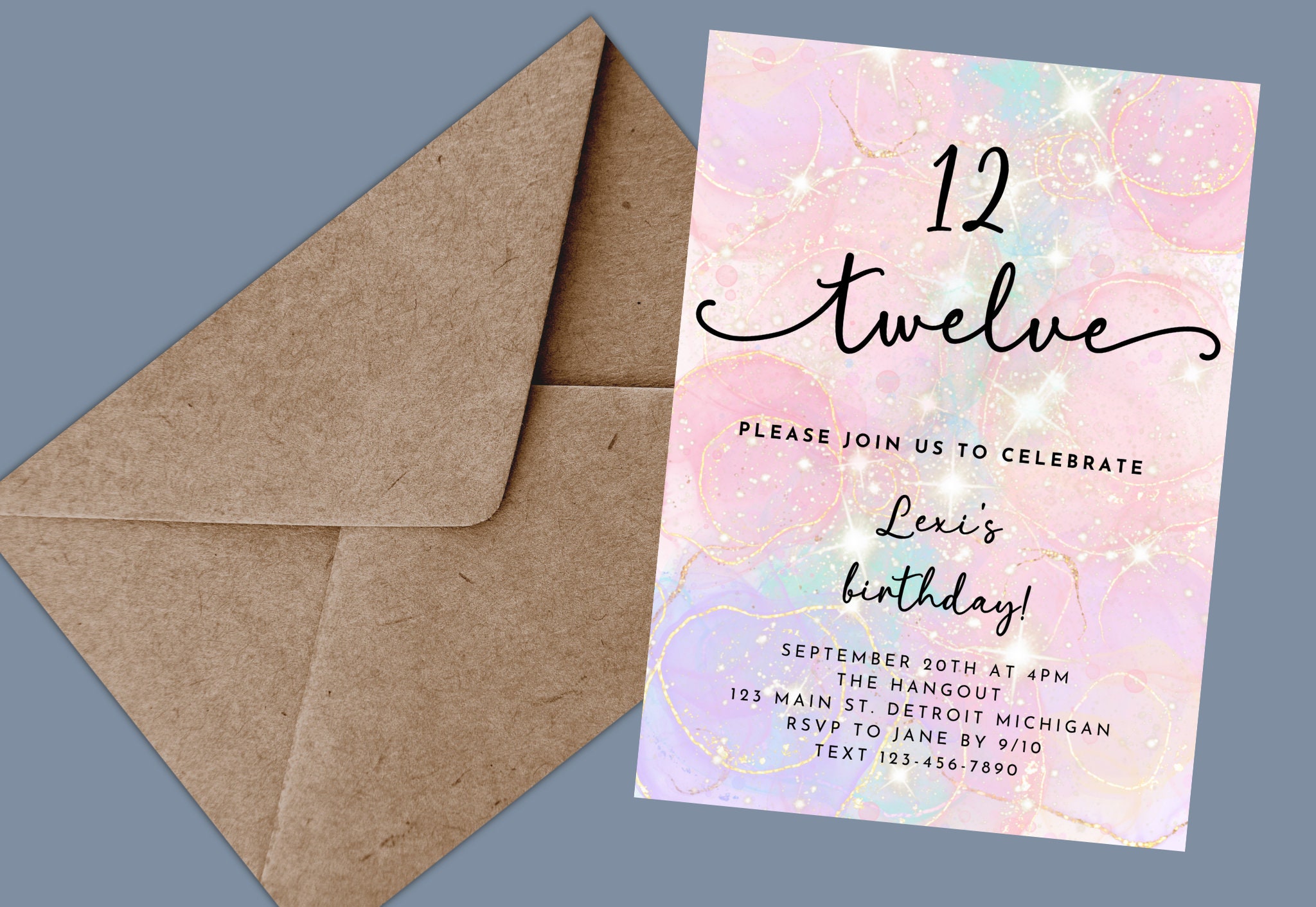 Birthday Invitation, Girl's 12th Birthday Party, Pastel Pink, Blue ...