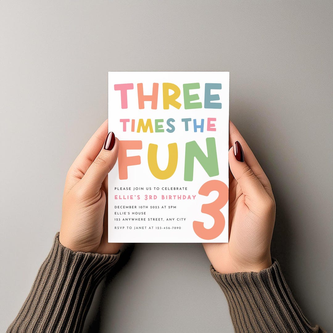 Third Birthday Party Invitation, Three Times the Fun, Rainbow, Instant ...