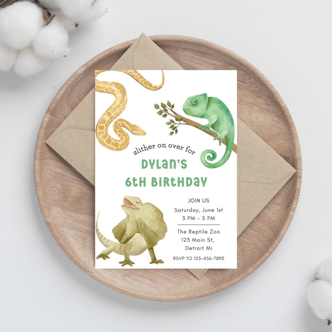 Kid's Reptile Birthday Party Invitation, Lizards, Snakes, Sliter on ...