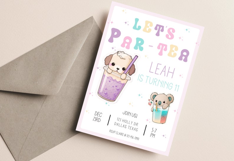 Bubble Tea Birthday Party Invite, Par-tea, Cute Animal Bubble Tea ...