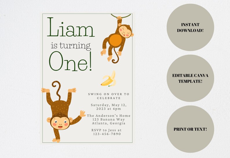 Editable Monkey Birthday Invitation, Boy's Birthday Invite, Swing on ...