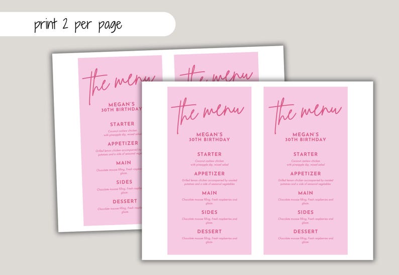 Pink Menu Template – Printable Party & Event Menu, Birthday, Dinner ...