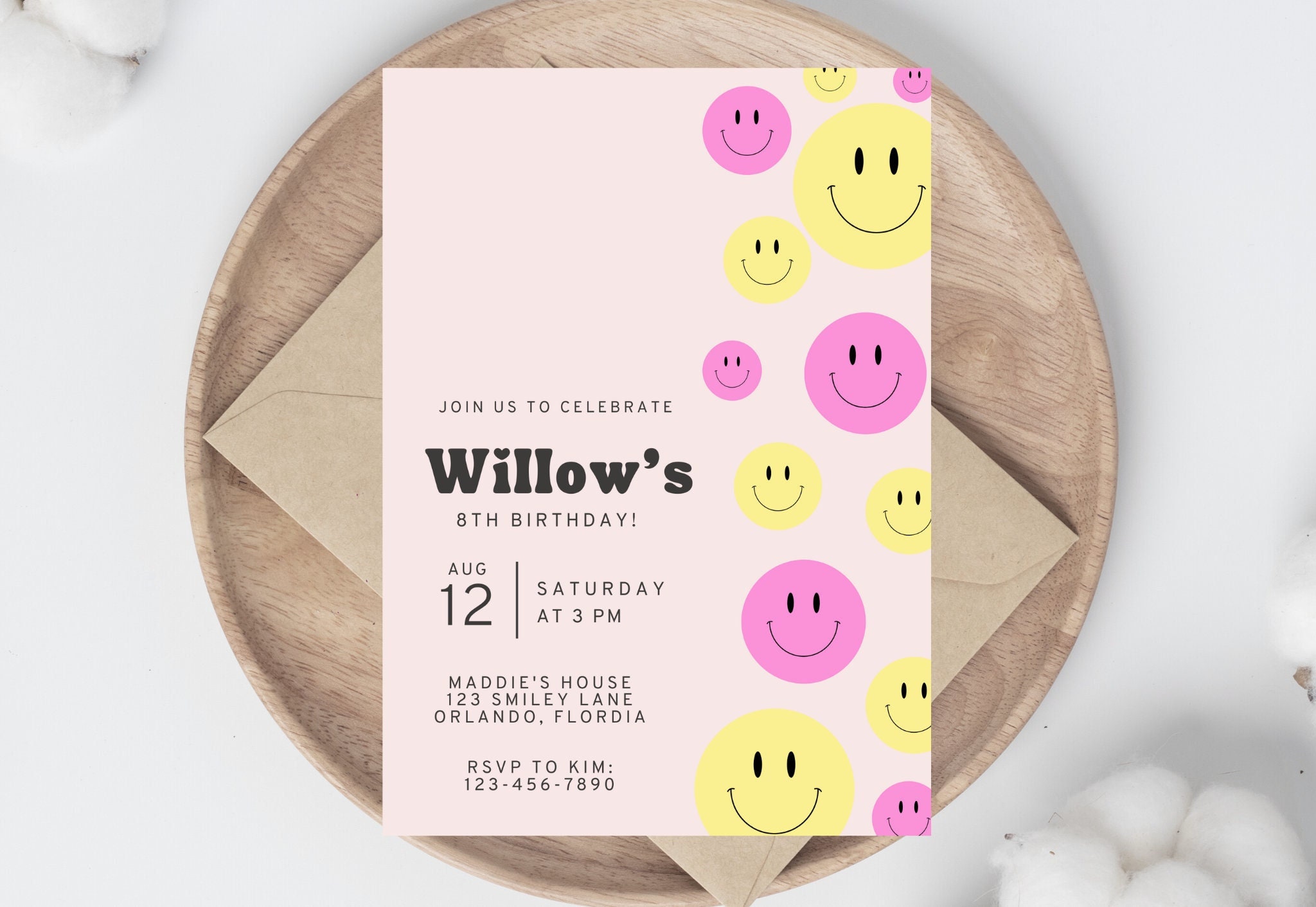 Girl's Preppy Smiley Face Birthday Invitation, Pink and Yellow, Party ...