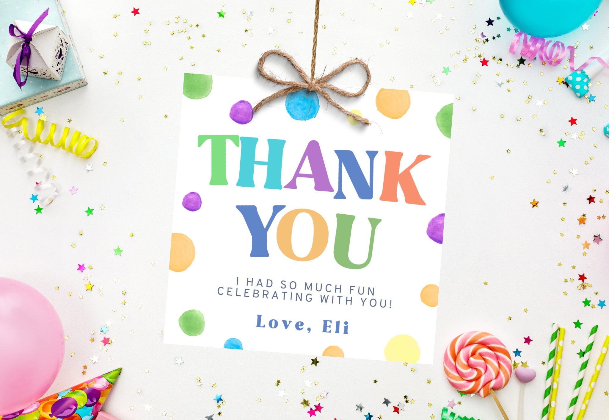 Polka Dot Birthday Thank You Card, Treat Tag, Favor Tags, Smileys ...