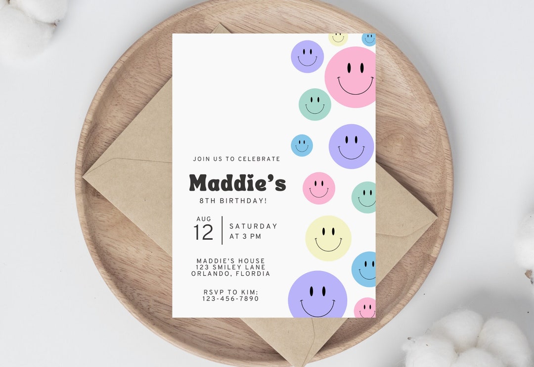 Pastel Smiley Face Birthday Invitation Template, Girl's Rainbow Emoji ...