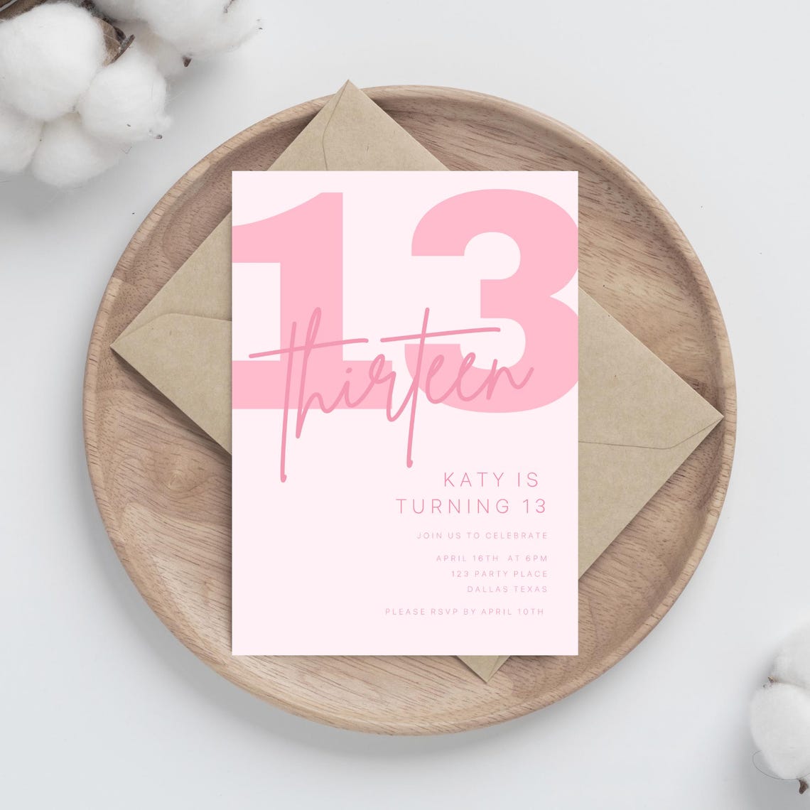 Pink 13th Birthday Invitation, Girl's Thirteenth Party Invite, Instant ...