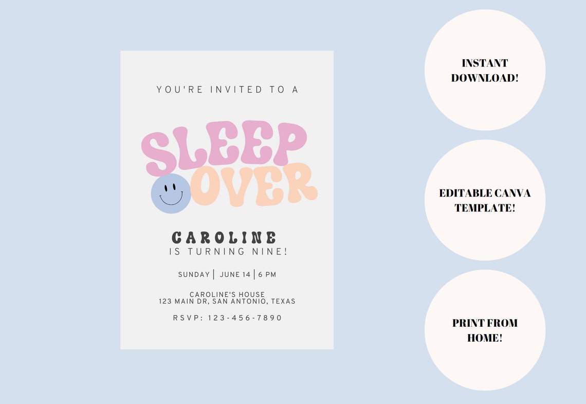 Girl's Sleep Over Birthday Party Template Preppy Smiley - Etsy
